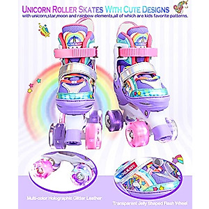 Rainbow Unicorn Kids Roller Skates for Girls Boys Toddler Ages 3-6,4-Pejiijar Adjustable Roller Shoes with Luminous Wheels for Birthday Xmas Gifts.
