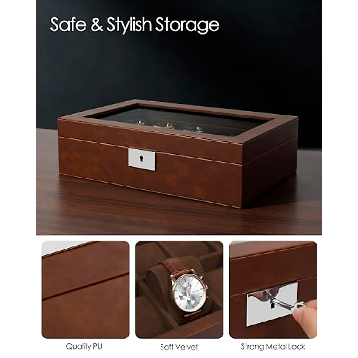 GUKA Watch Box, Luxury 10 Slot Watch Case with 55MM Wide Velvet Pillows, Watch Organizer Storage with Real Glass Lid, Watch Display Case for Men and Women Gift, Brown