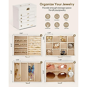 Homde Synthetic Leather Huge Jewelry Box Mirrored Watch Organizer Necklace Ring Earring Storage Lockable Gift Case (White + Gold)