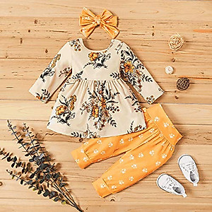 Yoveme Toddler Girl Clothes Baby Girl Outfit Sweet Floral Ruffle Long SleeveTop and Floral Pants 3PC Fall Clothes Set(2-3T)