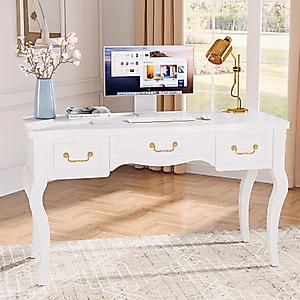Tribesigns Computer Desk with 3 Drawers, 47-Inch White Home Office Desk with Storage, Antique Wooden Study Writing Table Workstation for Small Space