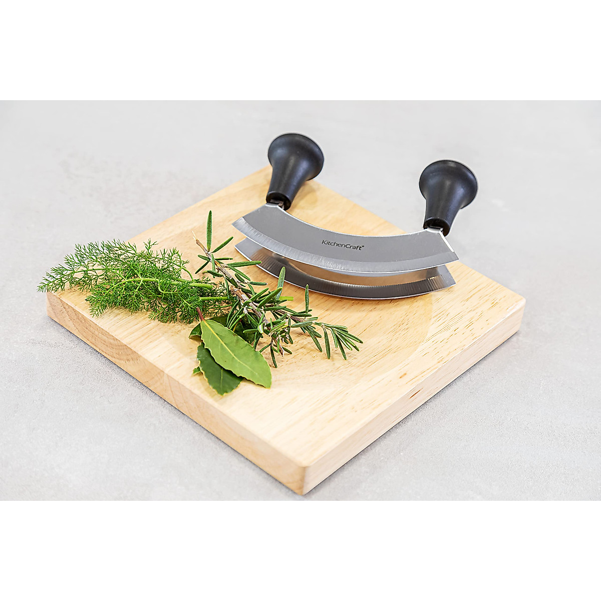 KitchenCraft Double Blade Mezzaluna Chopper and Wooden Board, Stainless Steel / Wood, 2 Piece Set