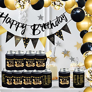 21st Birthday Can Cooler Sleeves Pack of 12- 21st Anniversary Decorations- 2002 Sign - 21st Birthday Party Supplies - Black and Gold the Twenty-First Birthday Cup Coolers