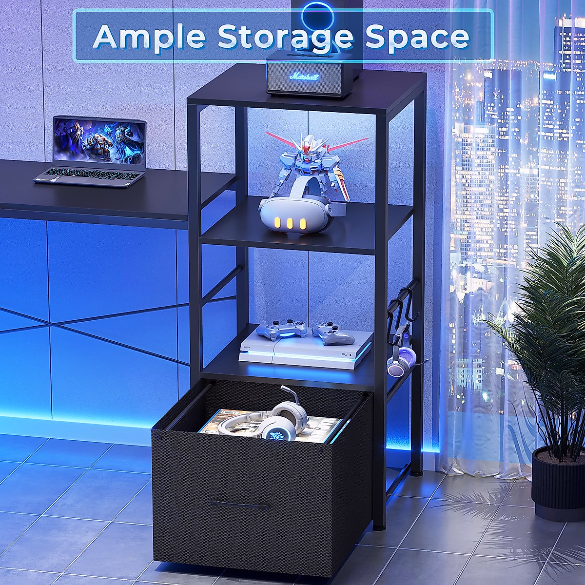 SEDETA L Shaped Gaming Desk, 51" Computer Desk with Storage Shelves, Gamer Desk with Power Outlets & LED Lights, Fabric Drawer, Monitor Stand and Hooks, Black