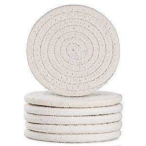 GeeRic 6 Pcs Bar Coasters for Drinks, Handmade Braided Woven Drink Coaster Set, Beermat Beverage Coaster 4.3” Non Slip Coasters, White