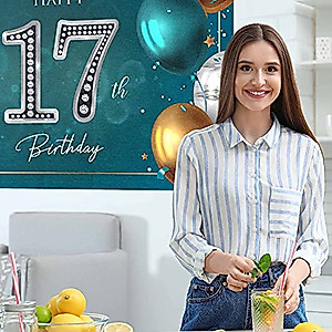 HAMIGAR 6x4ft Happy 17th Birthday Banner Backdrop - 17 Years Old Birthday Decorations Party Supplies for Girls Boys - Green Silver