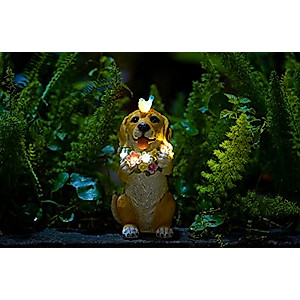 Pohabery Dog Garden Statue Dog Statue Solar Dog and Butterfly LED Lights Figurine Outdoor Decoration for Patio Yard Lawn