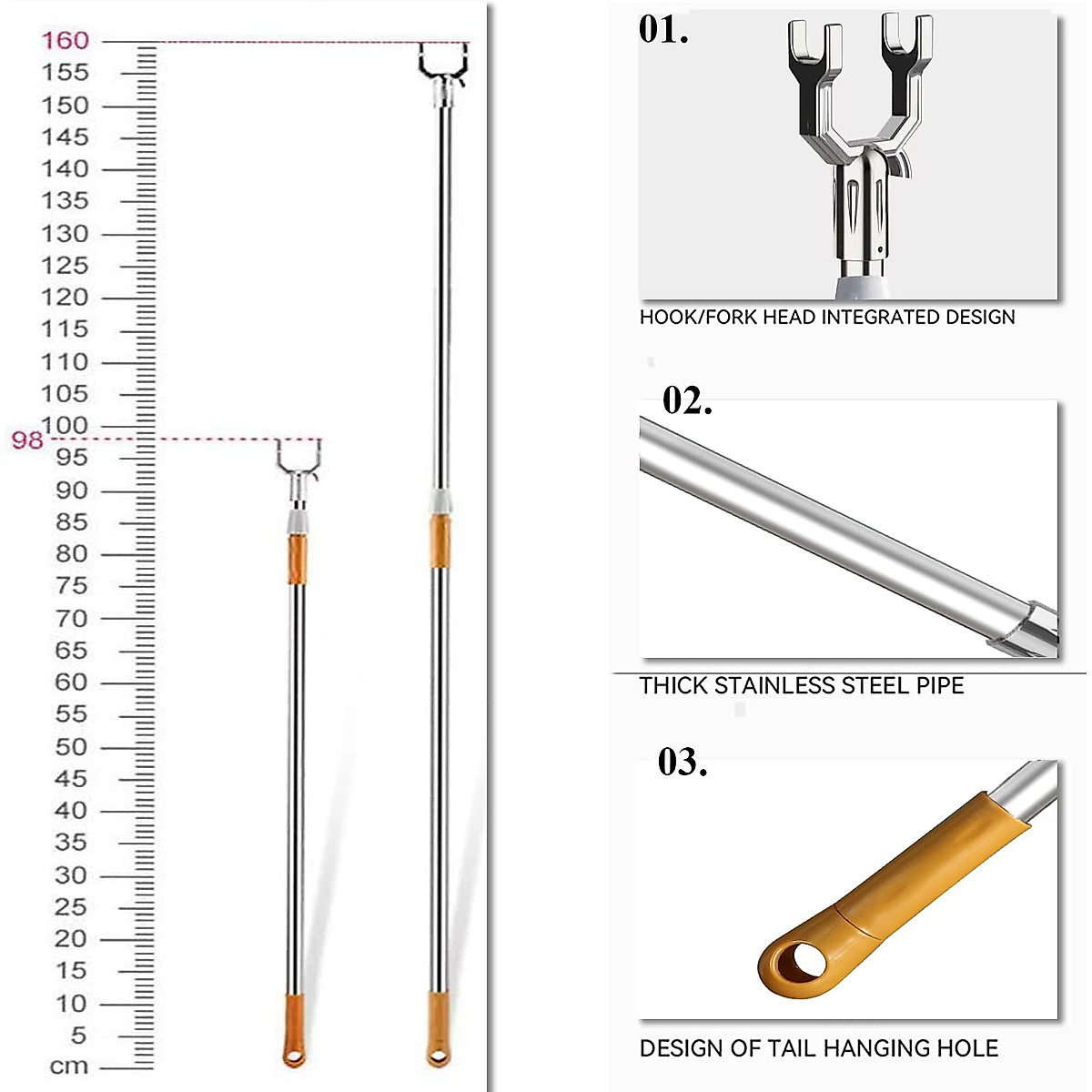 Reach Pole with Hook, 64" Extended Steel Clothes Garmant Hook Long Pole for High Reach without Step Ladder