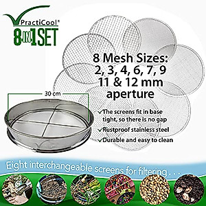Practicool Garden Potting Mix Sieve - Stainless Steel Riddle - Soil sifting pan - with 8 Interchangeable Filter mesh Sizes - 2,3,4,6,7,9,11,12 mm and Bonus Spade