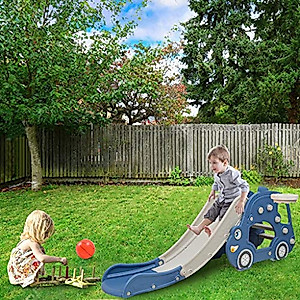 Children's Toys 4 in 1Slide for Kids, Toddler Playground Slipping Slide Climber, Extra Long Slide Slope with Basketball Hoop for Indoor Outdoor Backyard Use (Blue Car) (Blue, One Size)