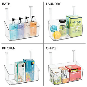 mDesign Plastic Over Cabinet Door Storage Organizer Bin for Kitchen, Pantry, Bathroom, Laundry, Utility Room - Hang Outside or Inside Door - Holds Lunch Bags, Shampoo, Cleaning Supplies, Large - Clear