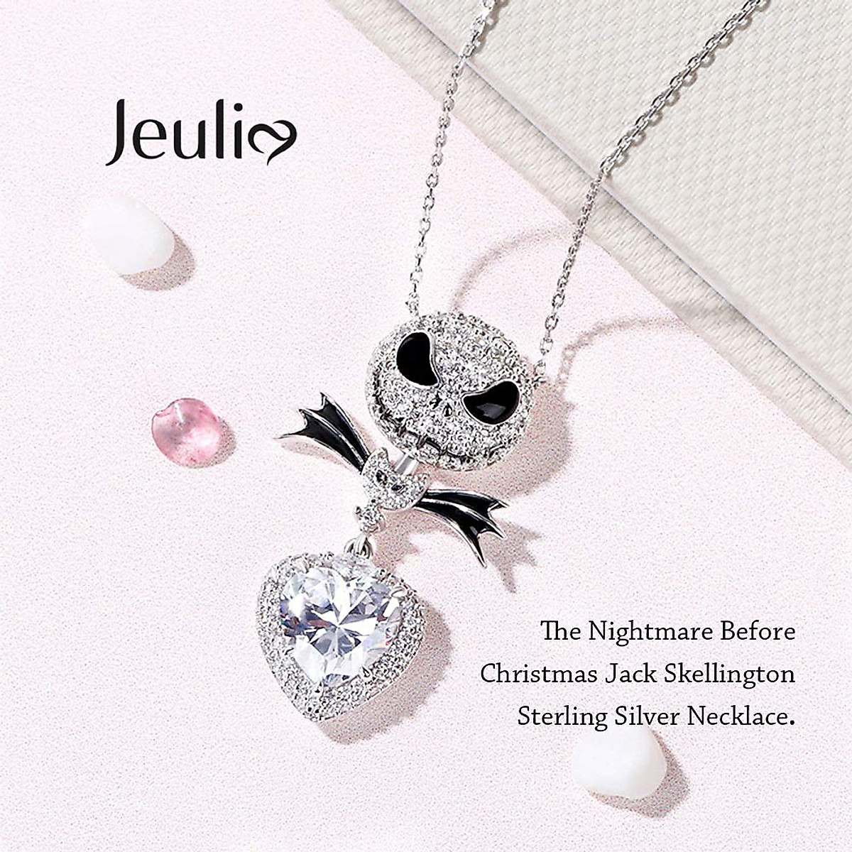 Jeulia 2.5 Carat Nightmare Necklace 925 Sterling Silver Jack and Sally Skull Pendant Necklace Heart Necklace for Women Birde Romantic Jewelry Gift for Her (Silver)