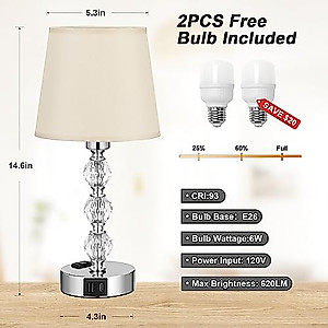 Acaxin Bedside Lamps for Bedrooms Set of 2 Nightstand- Crystal Table Lamps with USB C+A Ports & AC Outlet for Charging, 3 Way Dimmable Touch Silver Small Bed Side Lamp for Living Room/Guest Room