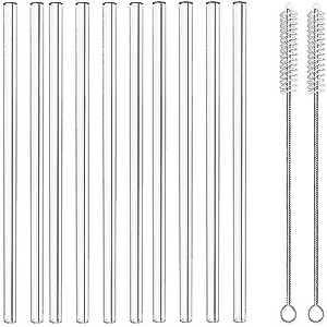 10 Pack Glass Straws, Reusable Glass Drinking Straws, With 10 Straight Smoothie Straws and 2 Cleaning Brush, Reusable Straws For Coffee, Tea, Wine, Juice, Smoothies, Frozen Drinks (8x200mm)