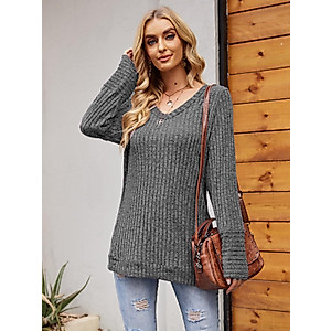 Hount Pullover Sweaters for Women Fashion Long Sleeve Lightweight Plain Basic Tunic Tops Deep Grey