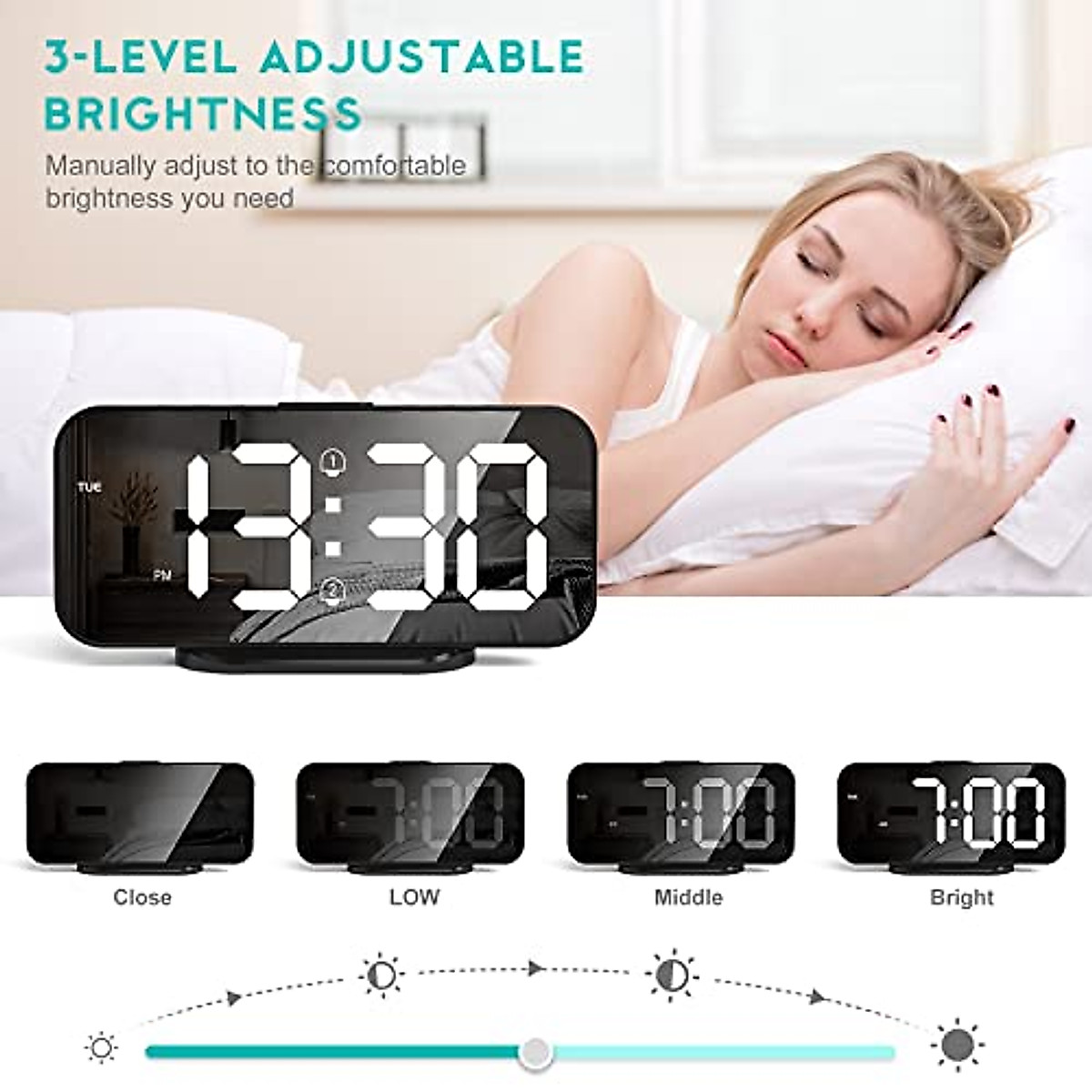 EDUP LOVE Digital Alarm Clocks, LED Mirror Electronic Clock, Snooze Mode, 12/24H, Adjust Brightness, Modern Desk & Wall Clocks for Bedroom Living Room Office - Black