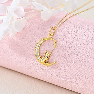 SISGEM 14K Real Gold Moon Cat Necklace for Women, Delicate Gold Cat Star Crescent Moon Pendant Anniversary Jewelry Gift for Her,Wife, Mom, Girl 18"
