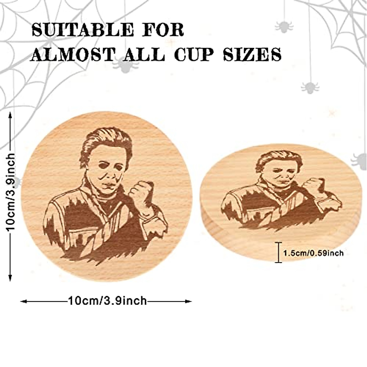 Whaline 4Pcs Halloween Wood Coaster Horror Movie Character Wood Round Coasters Halloween Holiday Cup Mat for Drinking Glasses Tabletop Protection Halloween Home Kitchen Office Decor