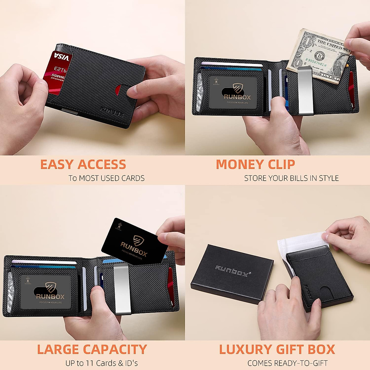 RUNBOX Slim Wallets for Men - Leather Money Clip Mens Wallet - RFID Blocking Front Pocket Bifold Wallet - Thin Credit Card Holder with Gift Box
