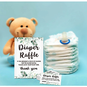 Diaper Raffle Baby Shower Game Set(1 Standing Sign + 50 Guessing Cards), Greenery Diaper Raffle Tickets for Baby Shower, Gold Foil Baby Shower Party Favor Decor - A11