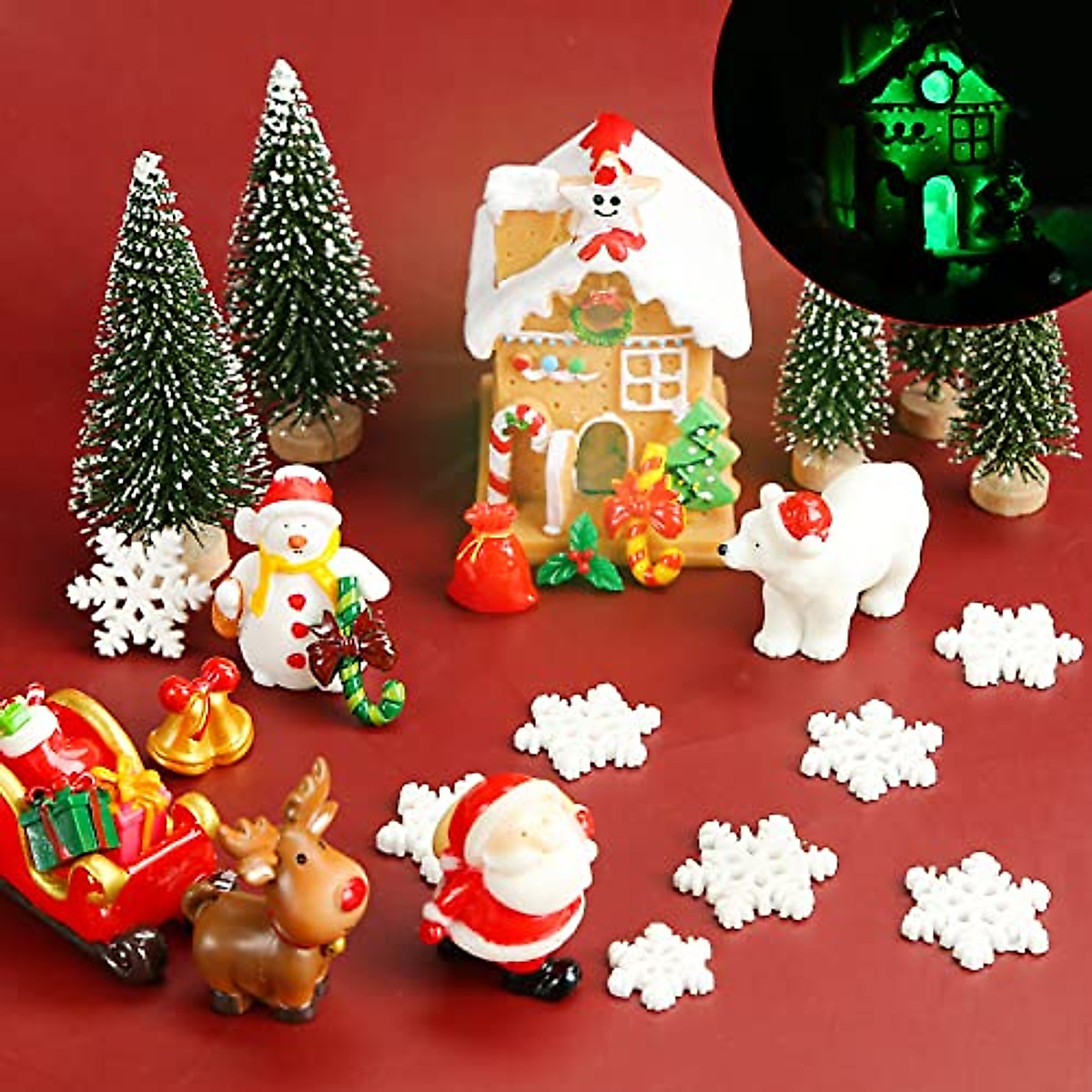 LOVESTOWN Christmas Miniature Figurines for Crafts, 25 PCS Fairy Garden Christmas Accessories with Mini Bottle Brush Trees Gingerbread House Xmas Resin Decorations for Christmas Party