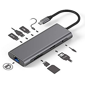 Coredot USB C Hub,9-in-1 USB C Adapter,with 4K Type C to HDMI,SD/TF Card Reader,3 USB 3.0 Prots,3.5mm Audio Port,100W Power Delivery for MacBook/IPad Pro/XPS/Type C Devices (Grey)