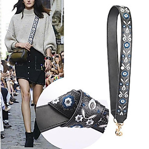Embroidery Flowers Genuine Leather Handbags Strap HandBag Straps Replacement Shoulder Bag Straps (Black-02)