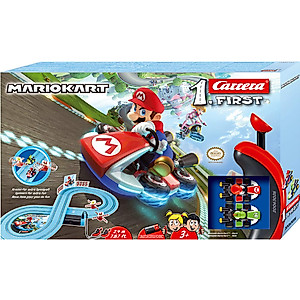 Carrera First Mario Kart - Slot Car Race Track with Spinners - Includes 2 Cars: Mario and Yoshi - Battery-Powered Beginner Racing Set for Kids Ages 3 Years and Up