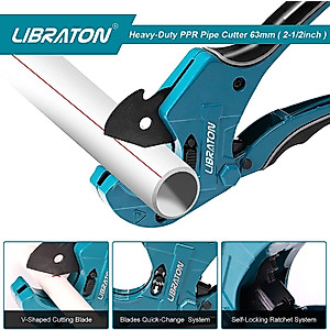 Libraton PVC Pipe Cutter, Up to 2-1/2", Ratchet Pipe Cutter Heavy-Duty, Pex Cutting Tool for Cutting PEX, PVC, PPR Plastic Hoses and Plumbing Pipe