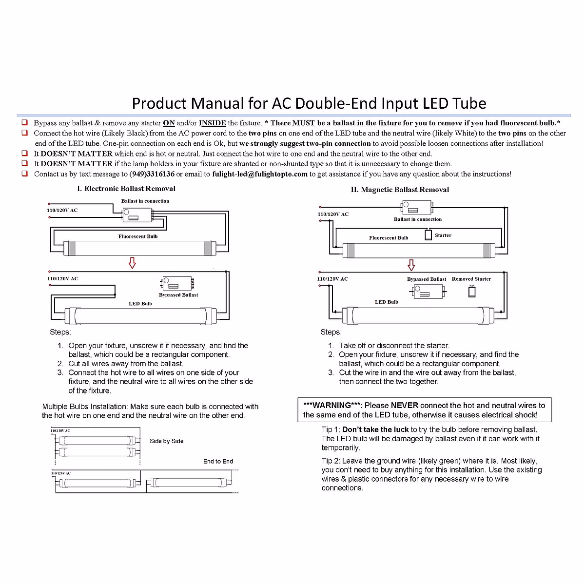 Fulight Type B T8 LED Tube Light, 2FT 24-Inch 10-Watt, Daylight 6000K, F17T8, F18T8, F20T10, F20T12/CW, Double-End Powered, Frosted Cover - Fluorescent Replacement Bulb (Not a Plug-and-Play)