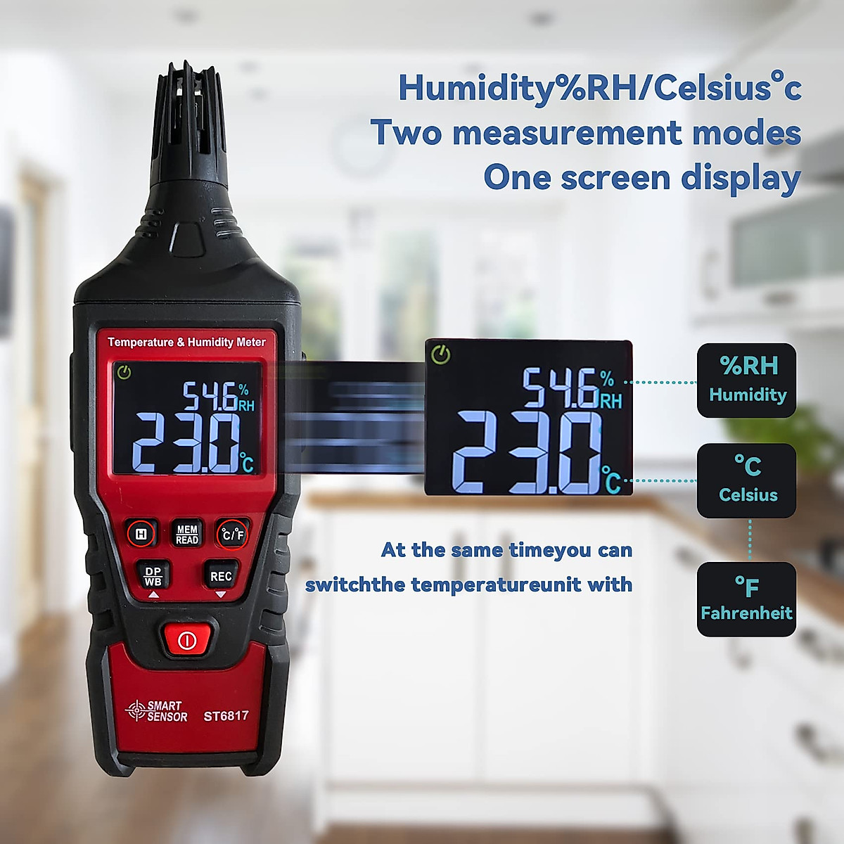 Lunarlipes ST6817 Thermometer Hygrometer, Digital Temperature Humidity Meter, Handheld Thermometer Hygrometer with Ambient, Dew Point, Wet Bulb for Outdoor and Indoor, Max/Min Hold, LCD Backlight