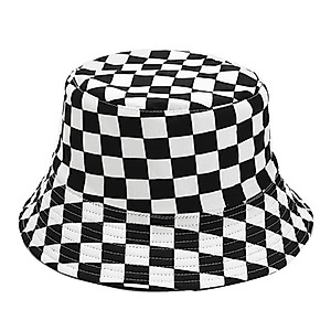Cotton Checkered Bucket Hat Summer Fashion Fisherman Beach Sun Hats for Women and Men Black