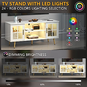 LVSOMT Modern TV Stand with Storage, Entertainment Center Cabinet for Living Room, Media Console with 24 Color Lights (Pearl White - RGB)