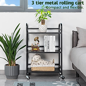 HDANI 3 Tier Rolling Cart Shelves,Heavy Duty Multifunctional Metal Frame-Supports 40 Lbs Per Tier,Rolling Cart with 2 Lockable Wheels for Home,Office,Kitchen,Bathroom,Bedroom (Black)