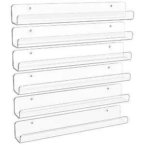 upsimples 6 Pack Clear Acrylic Shelves, 12" Nursery Book Shelves for Wall, Floating Bookshelf for Kids Baby, Vinyl Display, Record Holder, Magazine Rack, Picture Ledge Shelf
