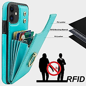 Folosu Compatible with iPhone 11 Case Wallet with Card Holder, 360°Rotation Finger Ring Holder Kickstand Protective RFID Blocking PU Leather Double Buttons Flip Shockproof Cover 6.1 Inch Green