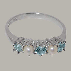 LetsBuyGold 925 Sterling Silver Natural Aquamarine & Cultured Pearl Womens Eternity Ring - Size 10