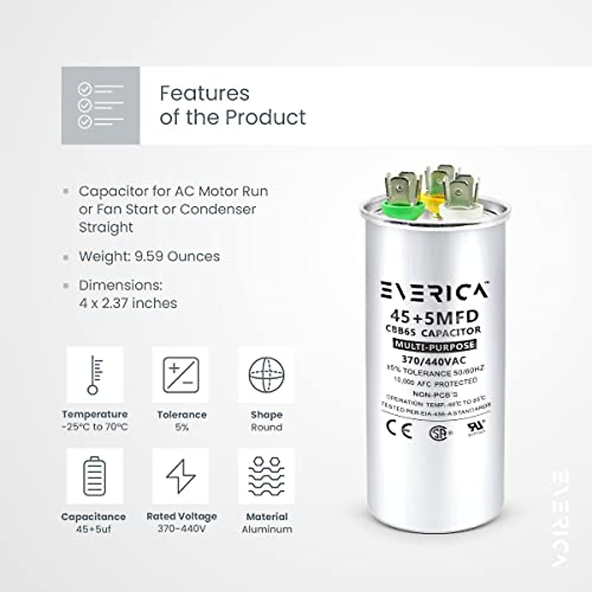 EVERICA 45+5 uF 45/5 MFD ±6% 370V/440VAC CBB65 HVAC Dual Run Circular Start 45/5 440v Capacitor for AC Air Conditioning Run Capacitor Motor Run Fan Start or Condenser Straight