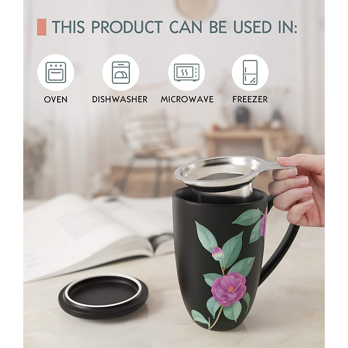 immaculife Tea Cup with Infuser and Lid Ceramic Tea Mug with Lid Teaware with Filter 16oz, Black Floral Print