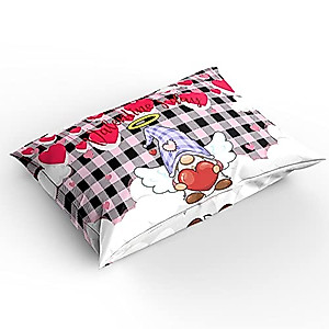 3 Pieces Bedding Set Queen Size, Valentines Day Soft Durable Duvet Cover Set Comforter Cover Set with Zipper Closure All-Season Breathable Bedding Set Red Love Heart Gnomes Pink Black Plaid