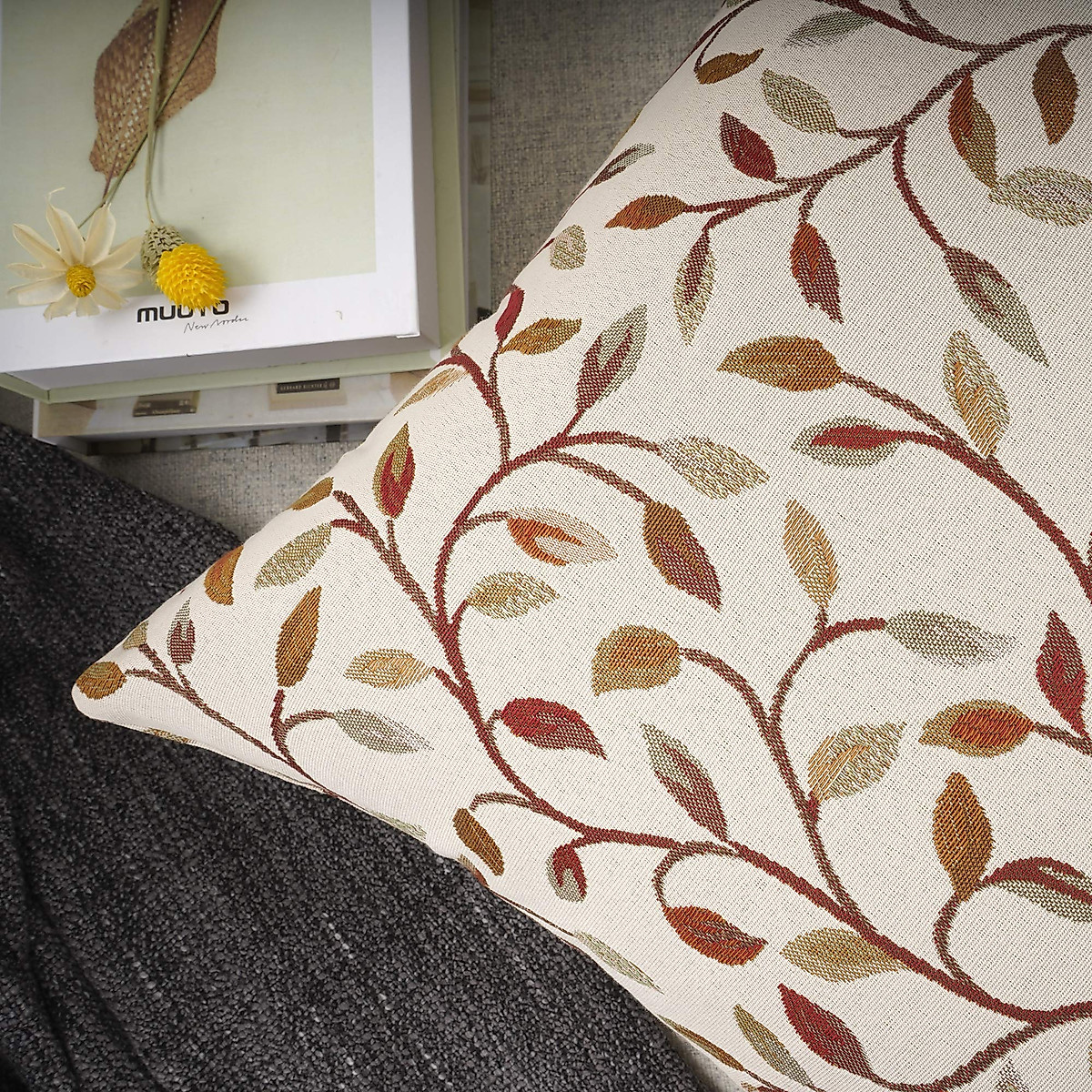 YOUR SMILE Classical Embroidery Jacquard Beige Leaf Pattern Square Decorative Throw Pillow Case Cushion Cover 18 x 18 inch