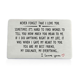 Anniversary Wallet Insert Card for Men or Women - Never Forget That I Love You, Engraved Wallet Insert for Boyfriend Husband Him, Birthday Wedding Deployment Gifts Cards for Couples