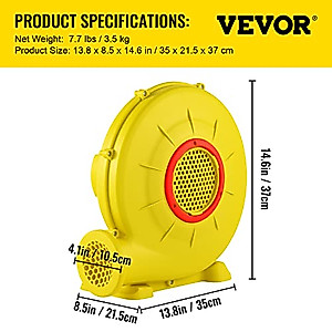 VEVOR Air Blower, 450W 0.6HP Inflatable Blower, Portable and Powerful Bounce House Blower, 1750Pa Commercial Air Blower Pump Fan, Used for Inflatable Bouncy Castle and Jump Slides, Yellow