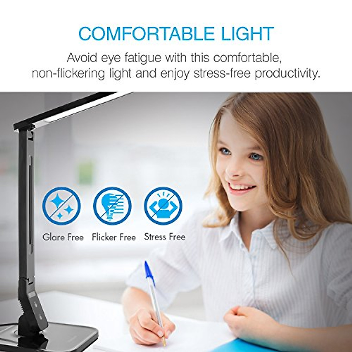 Tenergy 7W Dimmable LED Desk Lamp, 530 Lumens with 5 Dimming Levels, Touch Control with Auto Shut-Off Timer, Eye Protection Foldable Table Light for Home and Office