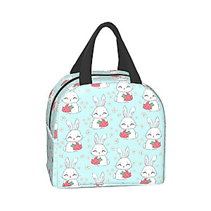 Ucsaxue Cute Bunny With Strawberry And Flowers Lunch Box Reusable Lunch Bag Work Bento Cooler Reusable Tote Picnic Boxes Insulated Container Shopping Bags For Adult Women Men