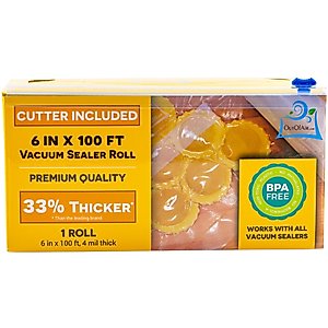 6" x 100' Mega Roll & Cutter Box Vacuum Sealer Bags Roll (No More Scissors) 4 mil 100 Foot OutOfAir, 33% Thicker, BPA Free, Sous Vide, Commercial Grade, Works with FoodSaver Sealers