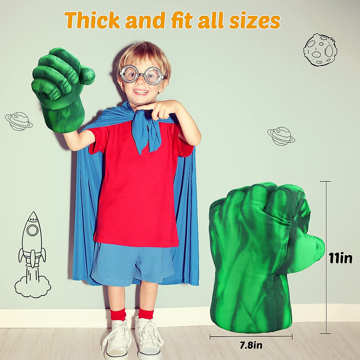 XYMTOY Superhero Toys Incredible Smash Hands Soft Plush Superhero Gloves, Superhero Costumes for Kids Toddlers Boys 3+ Gift for Cosplay, Halloween, Christmas, Birthday - 1 Pair, Green