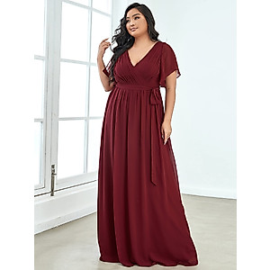 Ever-Pretty Plus Women's V-Neck A-Line Ruched Bust Ruffle Sleeves Plus Size Maxi Formal Evening Gown Burgundy US20