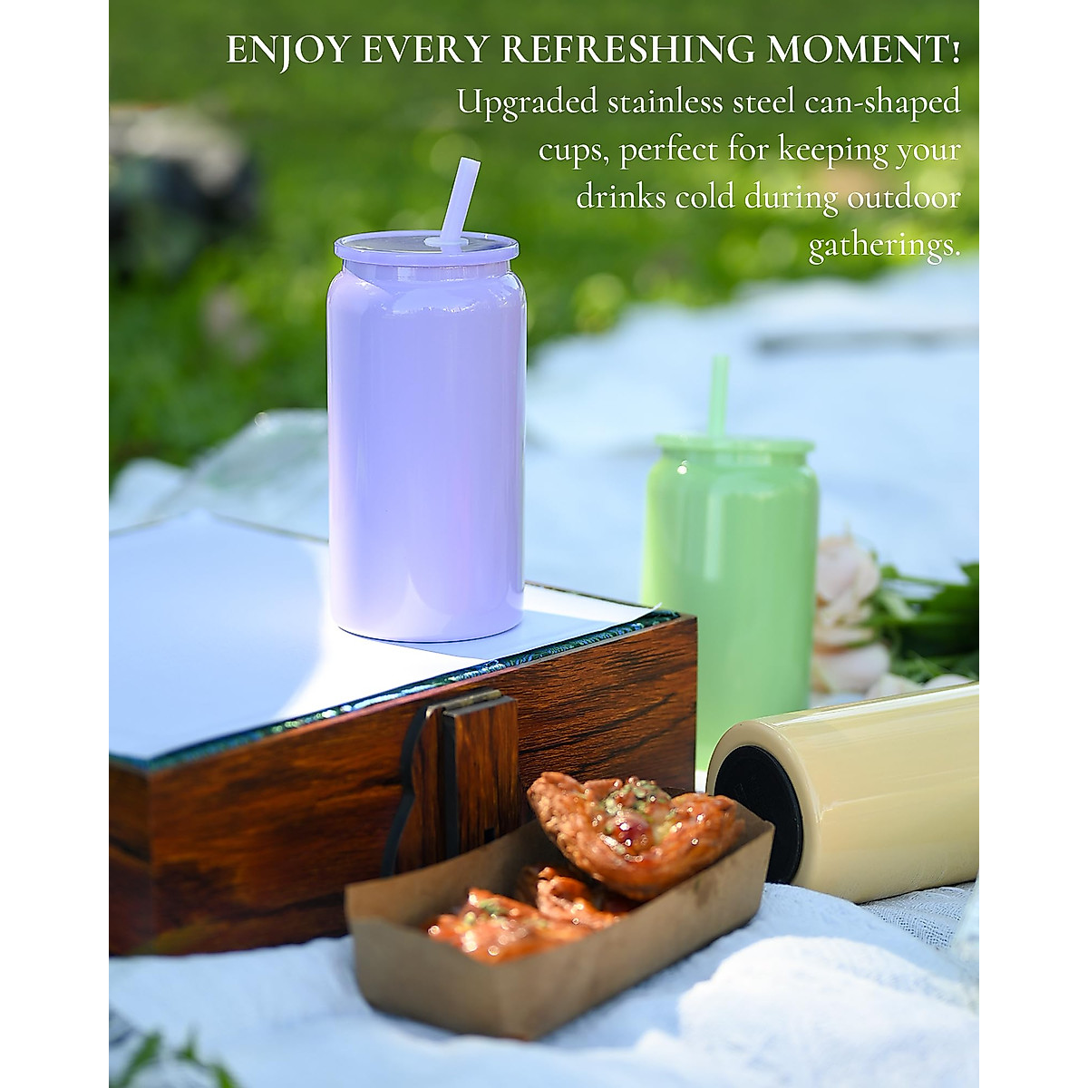 UIRZOTN 6 Pack Glass Cups with Lids and Straws, 16oz Stainless Steels Can Shaped Glass Cups, Beer Cups, Iced Coffee Cups, Smoothie Cup for Whiskey, Soda, Tea, Water, Sublimation Cups with Coaster