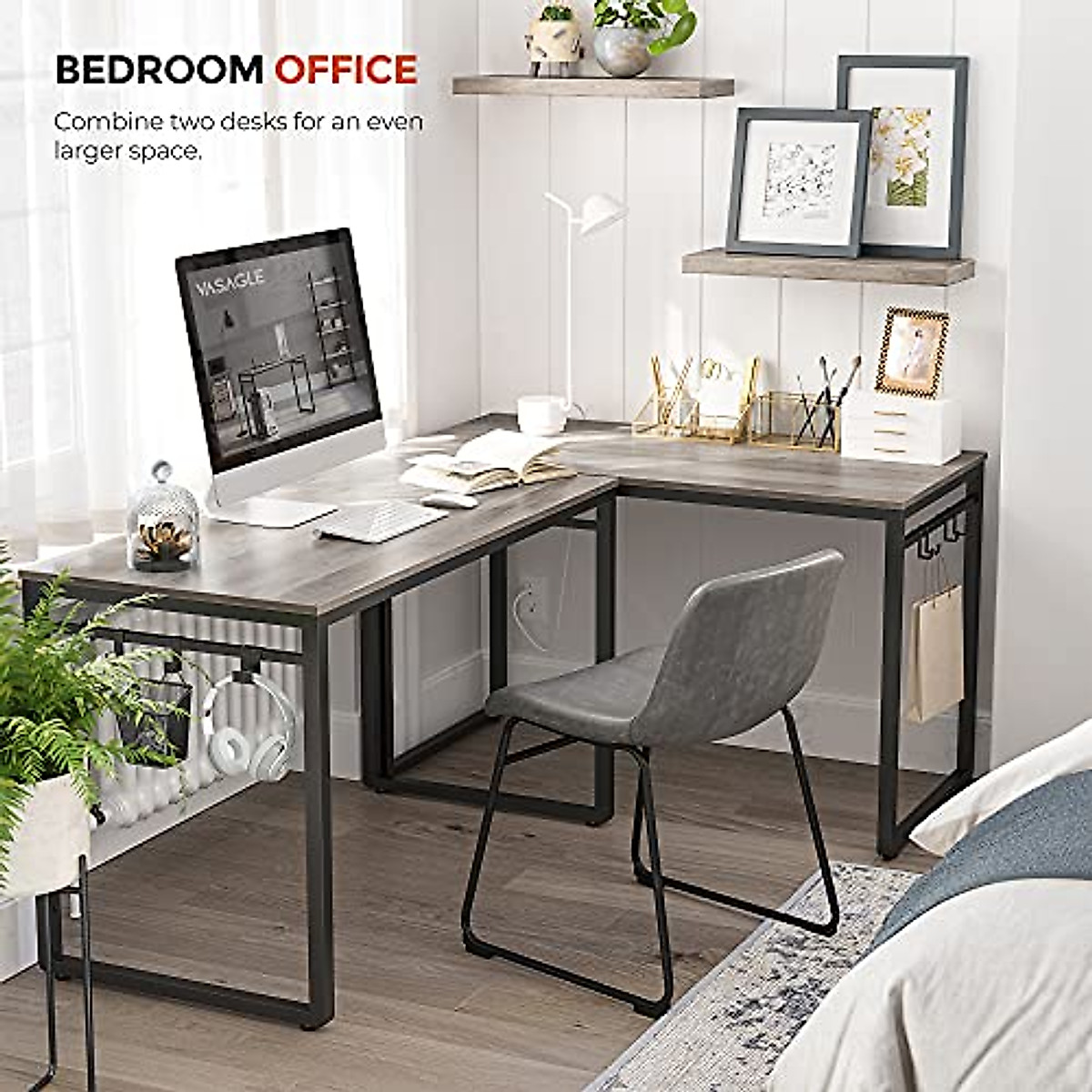 VASAGLE ALINRU Computer Desk, Office Desk with 8 Hooks, for Study, Home Office, Easy Assembly, Industrial Design, 47.2 x 23.6 x 29.5 Inches, Greige and Black ULWD058B02